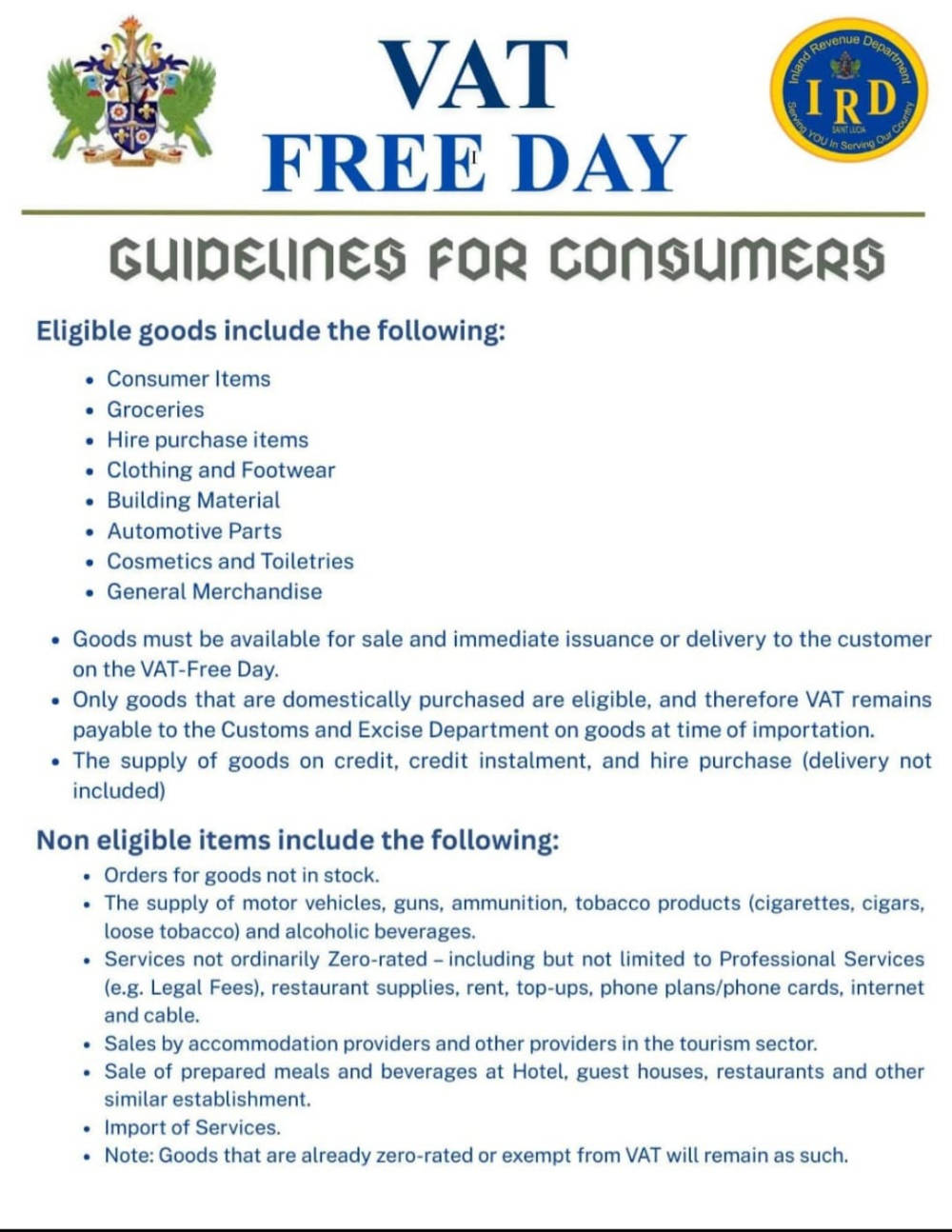 IRD Issues Consumer Guidelines Ahead of VAT-Free Day - Saint Lucia ...